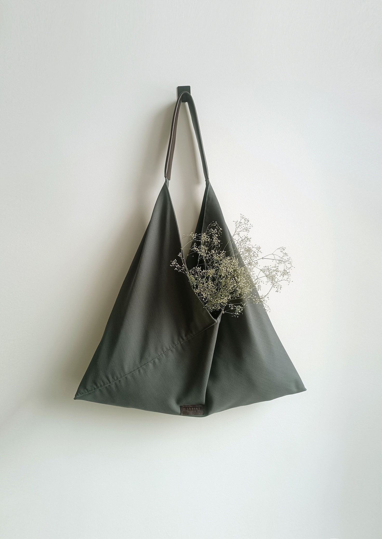 Boho Origami Bag With Leather Handle in Dark Sage Green, Handmade ...