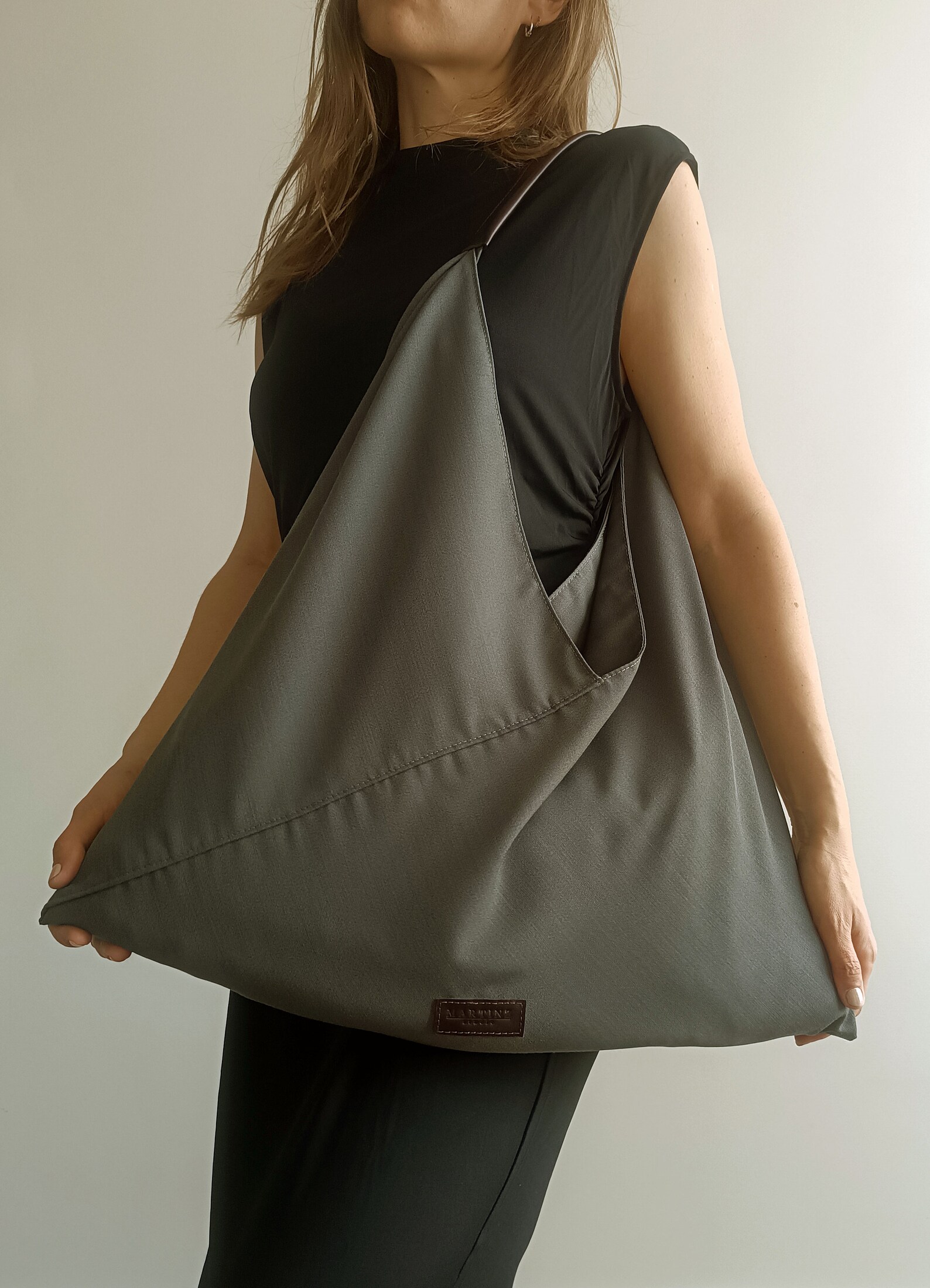 Boho Origami Bag With Leather Handle in Dark Sage Green, Handmade ...