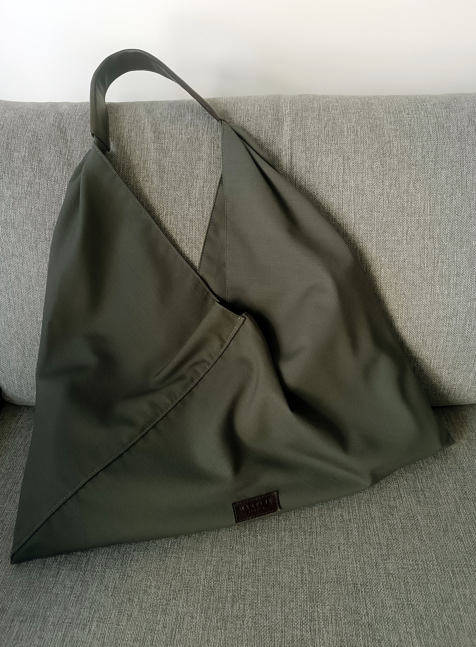 Boho Origami Bag With Leather Handle in Dark Sage Green, Handmade ...