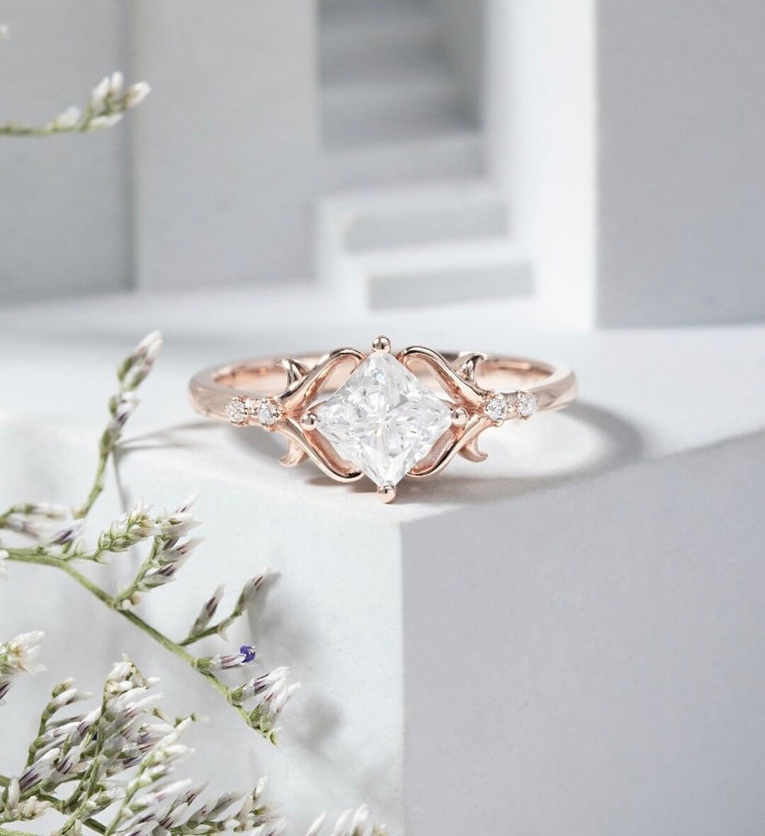 Princess Cut Moissanite Engagement Ring Unique Rose Gold Engagement ...