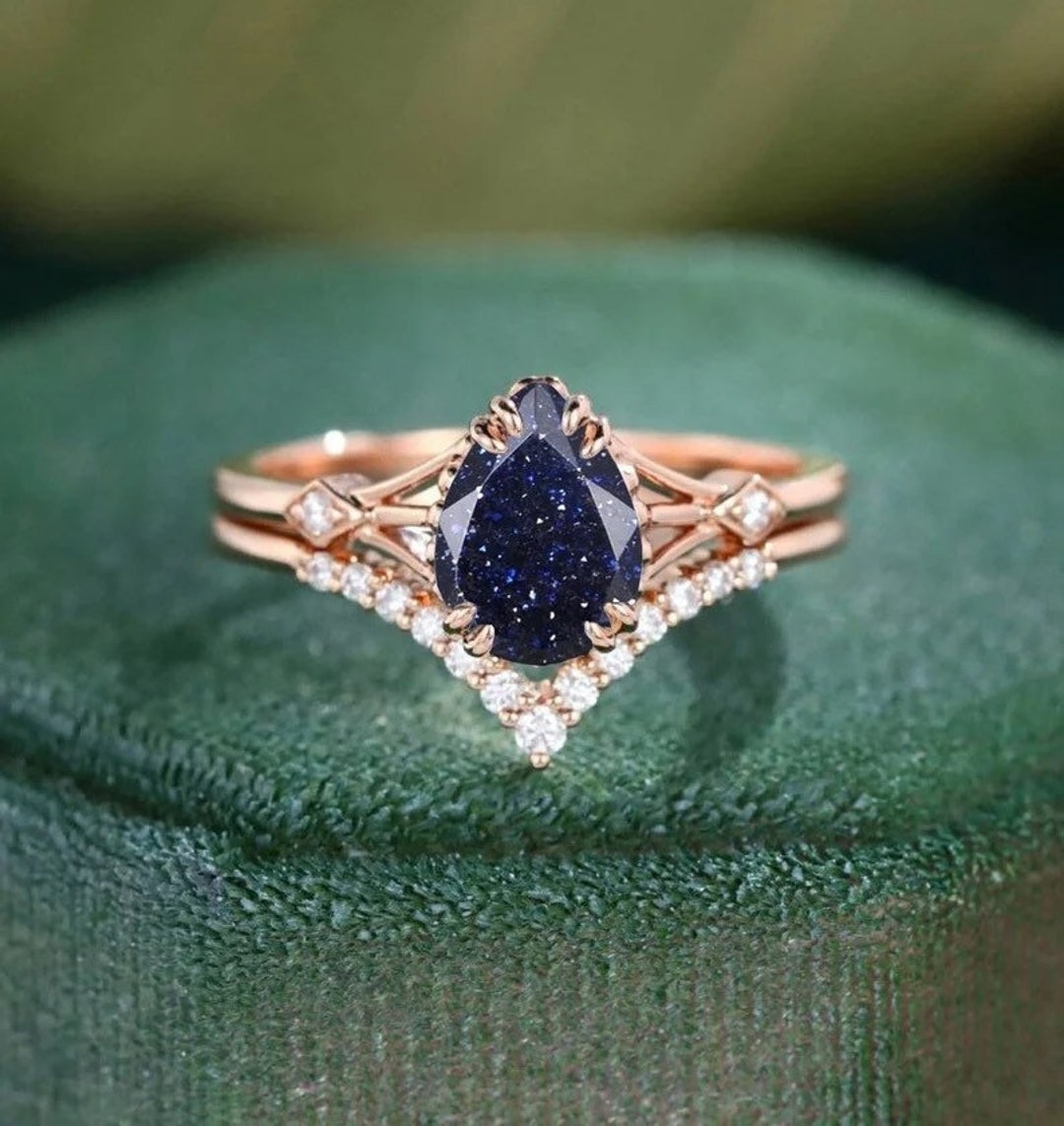 Blue Sandstone Ring Set for Women Sterling Silver Galaxy Starry Sky ...