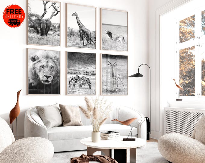 Africa Black & White Wall Art Set of 6, African Safari Prints, Instant ...