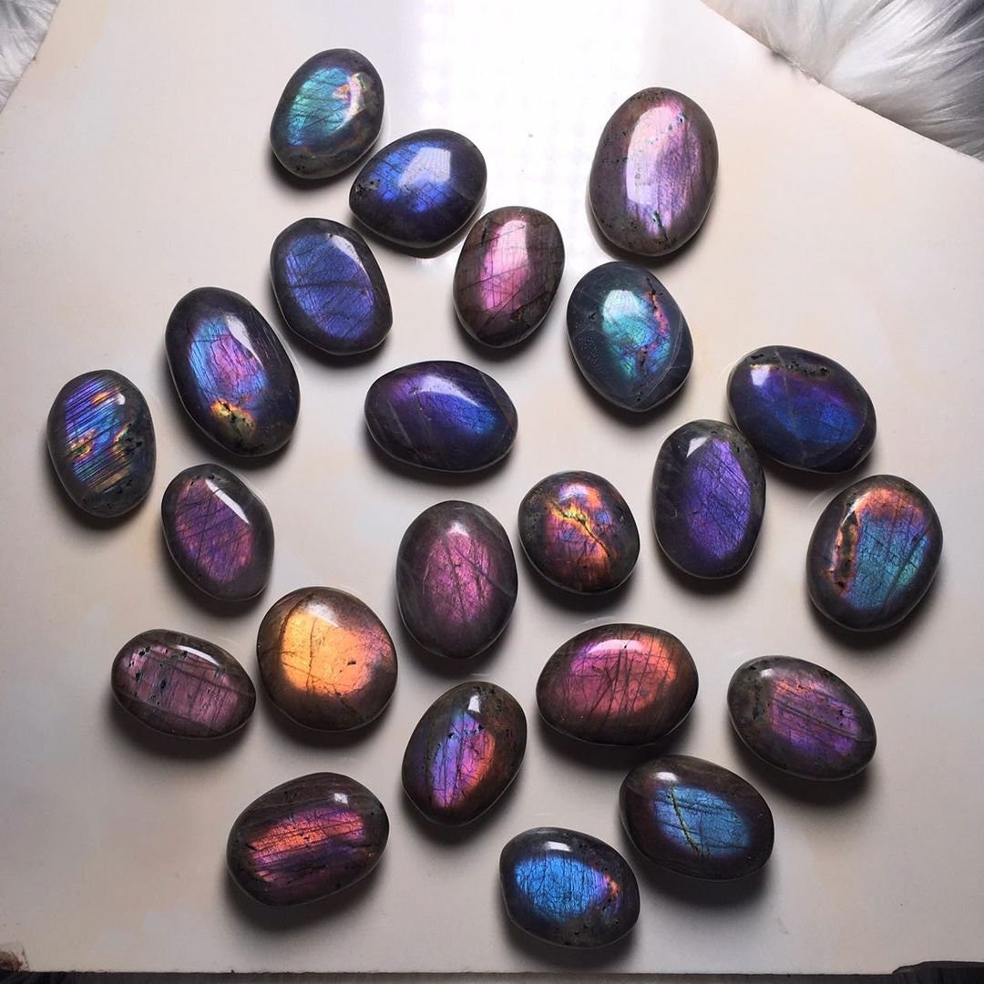 Rainbow Sunset Labradorite Palm Stone: High Flash Worry Stone Mermaid ...