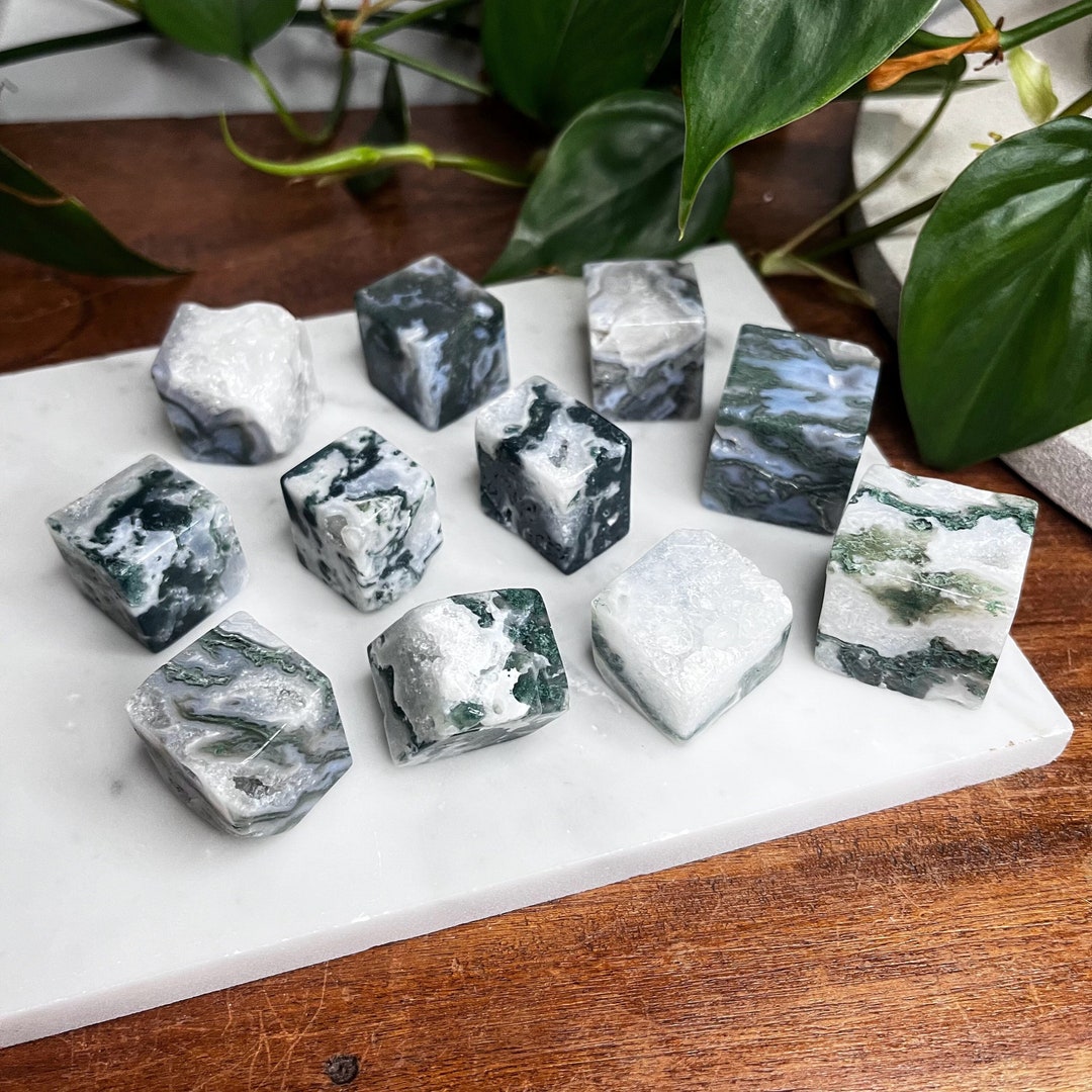 Moss Agate Crystal Cubes / Blue and Green Moss Agate With Quartz Druzy / One Moss Agate Cube - Etsy
