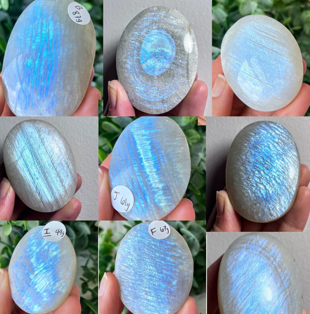 High Grade White Moonstone Palm Stones / Natural Full Blue Flash ...