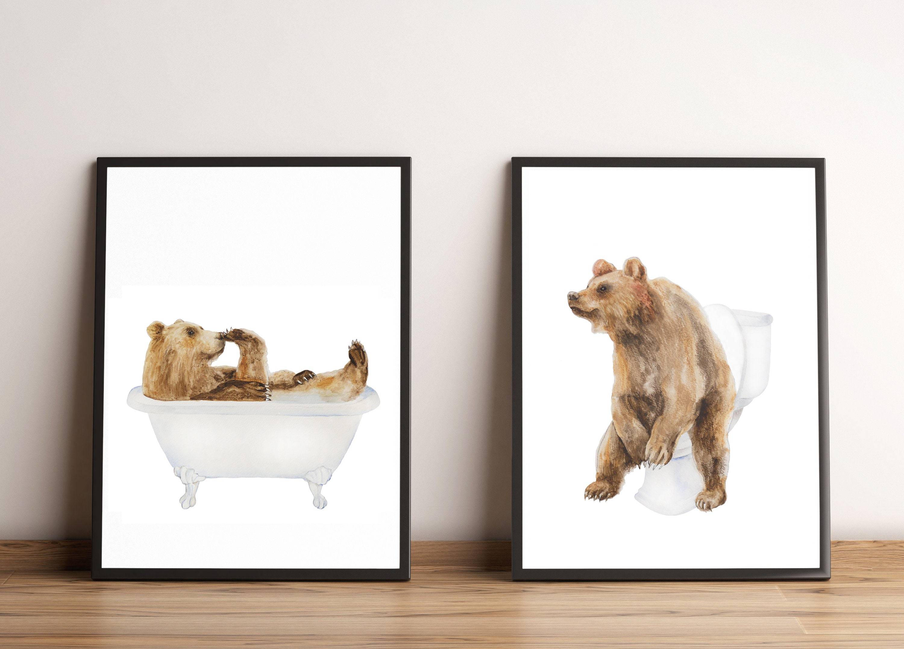 Grizzly Bear in Bathroom Wall Art Animal in Bathtub Prints Set - Etsy