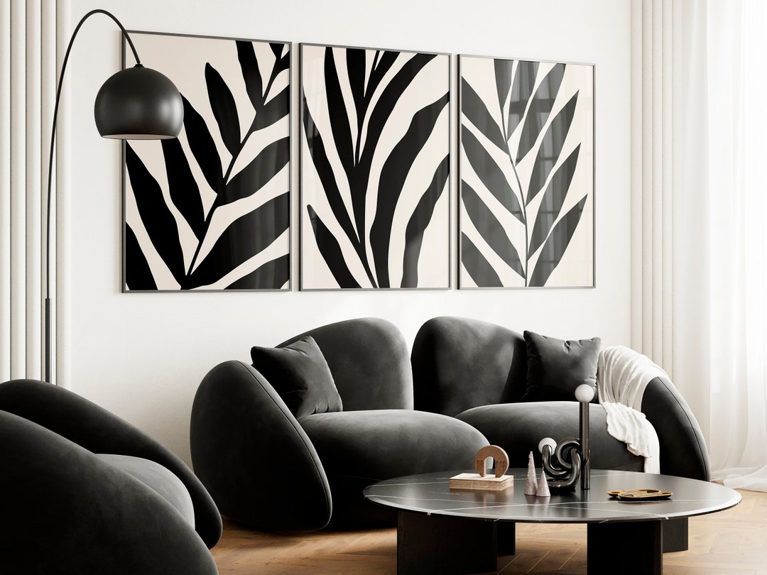 Schwarzes weißes abstraktes Wandkunst-Set 3 Drucke Schwarze botanische ...