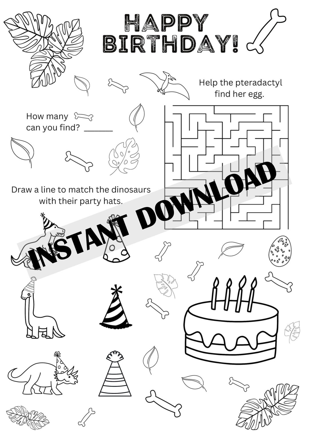 Dinosaur Birthday Activity Sheet - Instant Download - Etsy