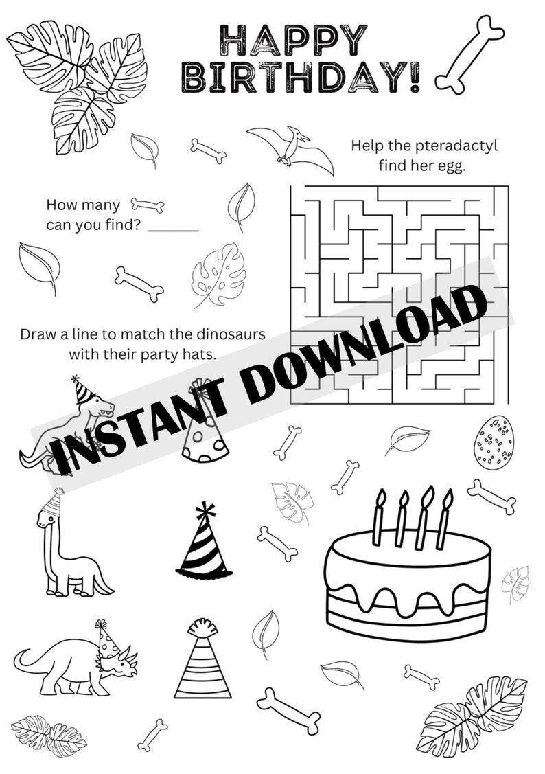 Dinosaur Birthday Activity Sheet Instant Download - Etsy