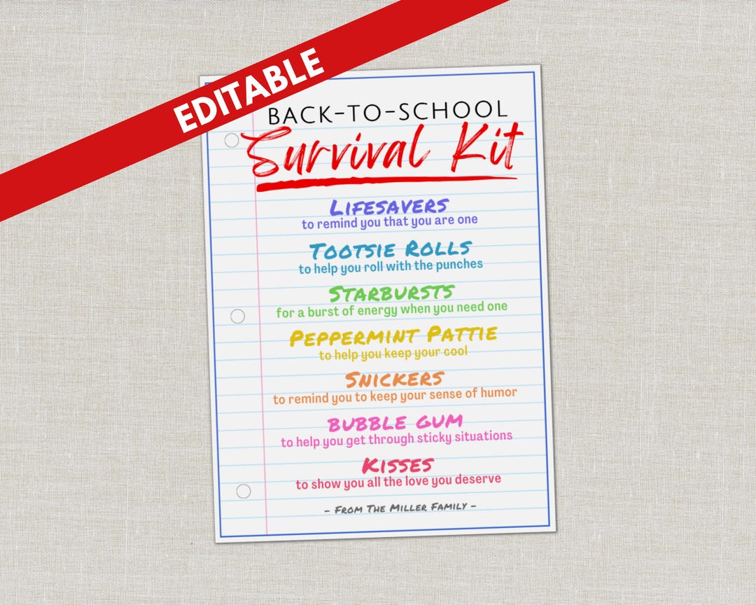 EDITABLE Back to School Survival Kit Treat Bag Tag, Teacher & Staff ...