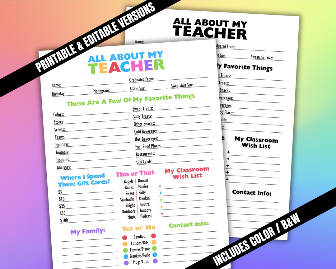 All About My Teacher Favorite Things List, Back to School Meet the ...