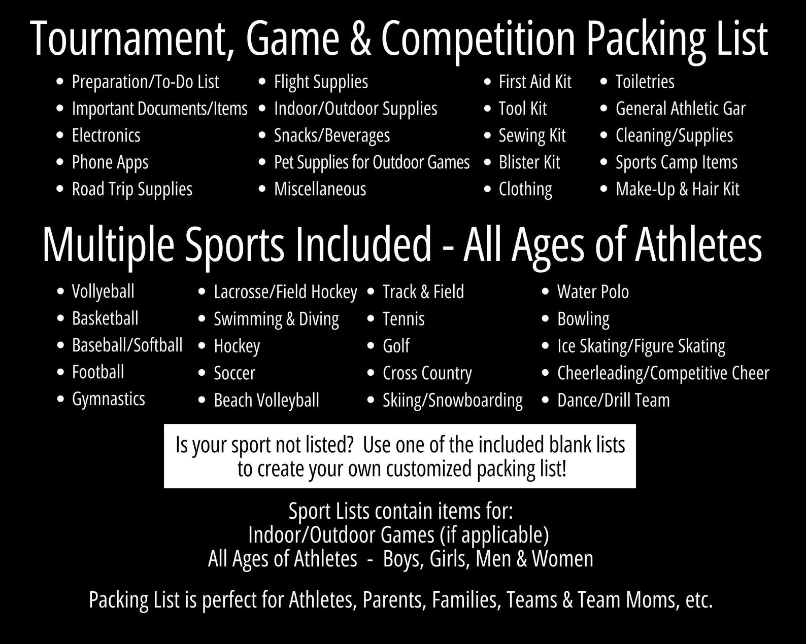 Sports Packing List for Athletes Parents Team Moms, Tournament Game ...
