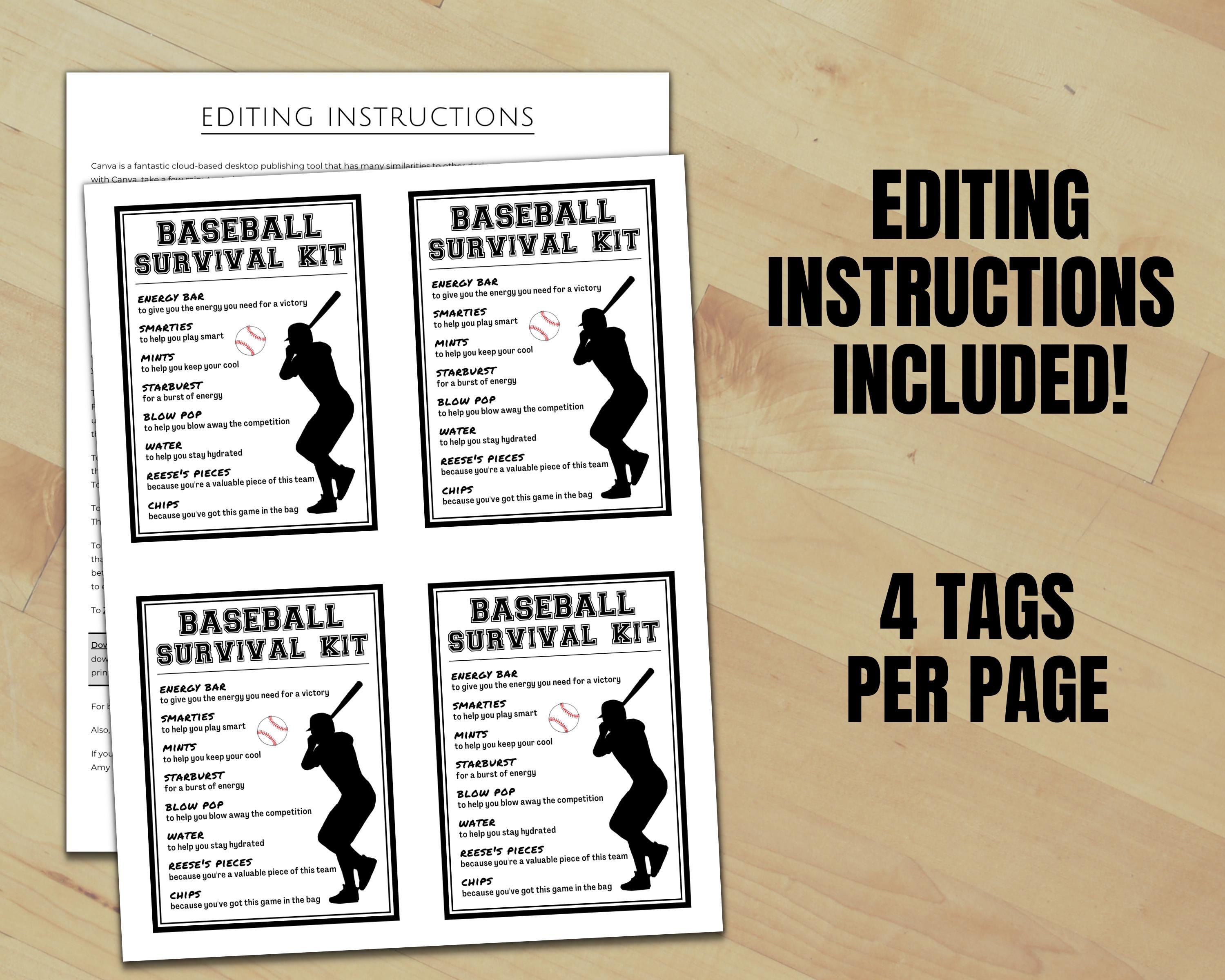 Baseball Survival Kit Gift Tags, Tournament Good Luck Goodie Bag Tag ...