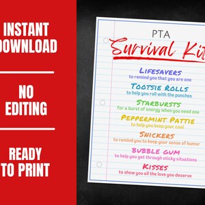 PTA Parent Teacher Association Survival Kit Gift Tags, PTA Appreciation ...