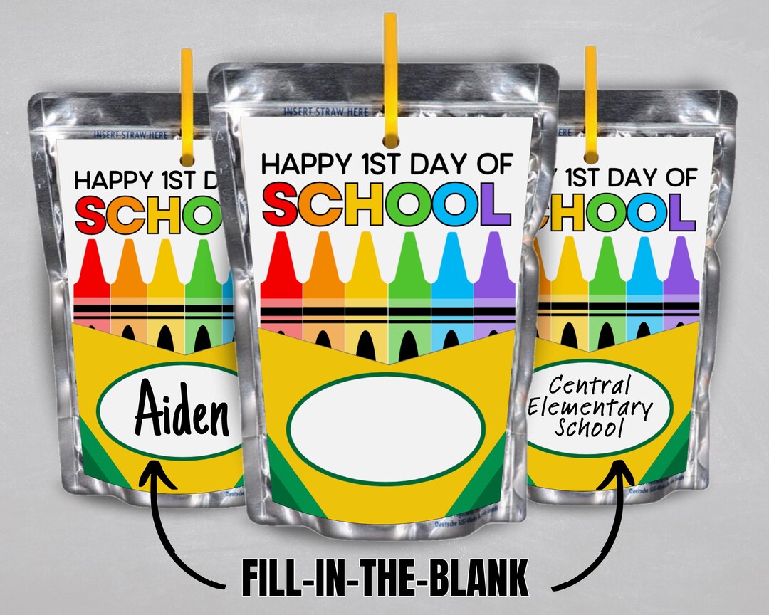 Happy 1st Day of School Juice Pouch Labels Wrappers, Back to School ...