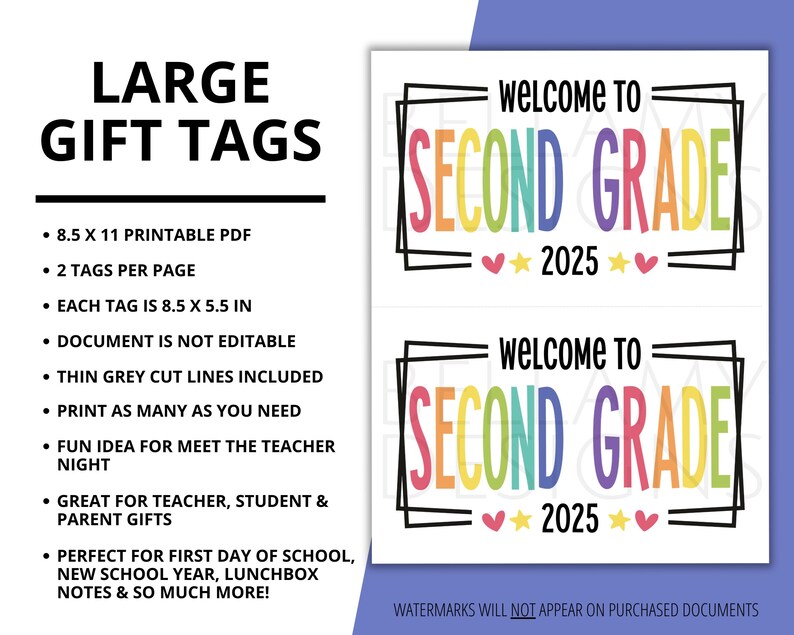 Welcome to Second Grade Gift Tag, Back to School Treat First Day of ...