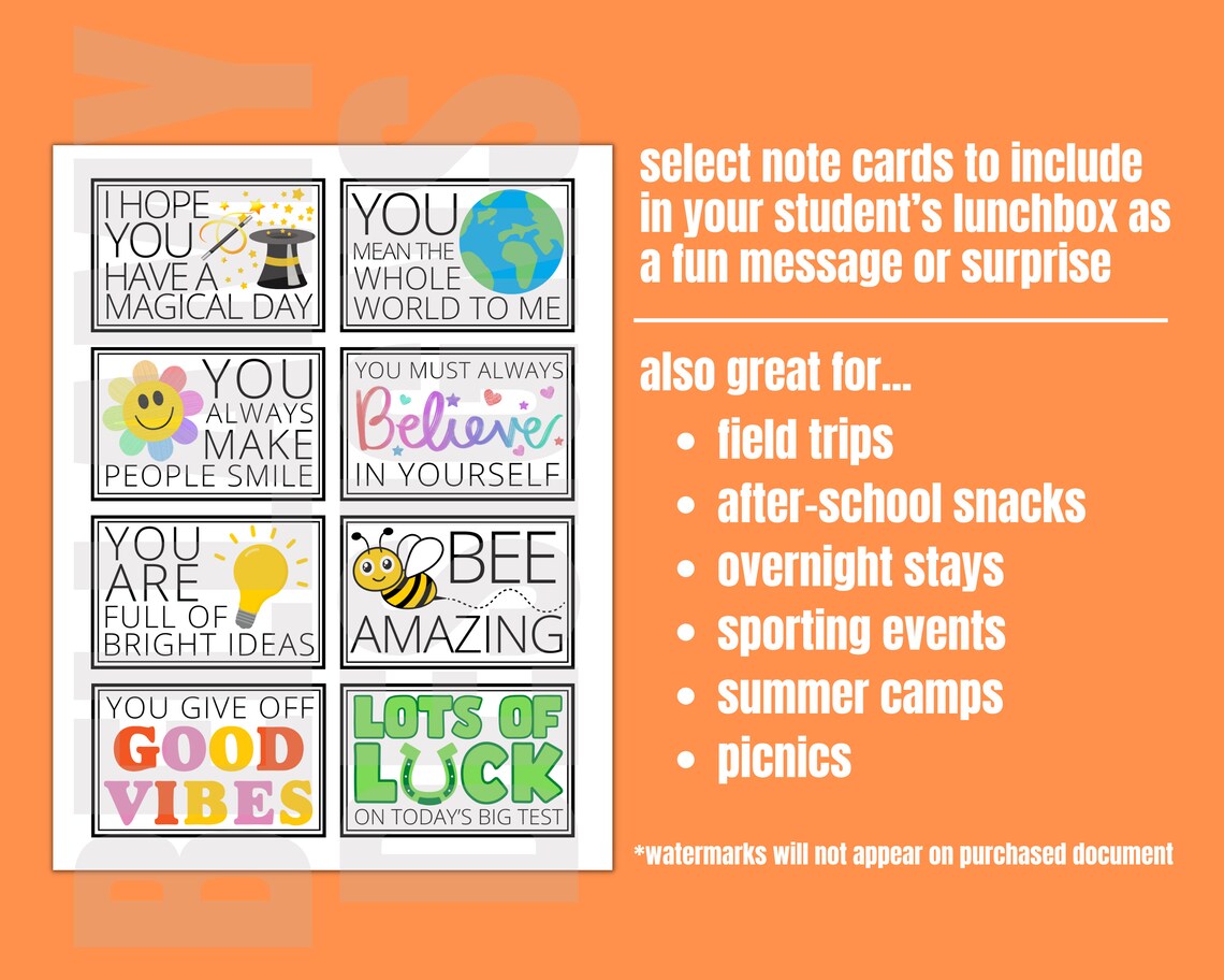 Lunchbox Notes Printable for School Lunches, Field Trip Summer Camp or ...