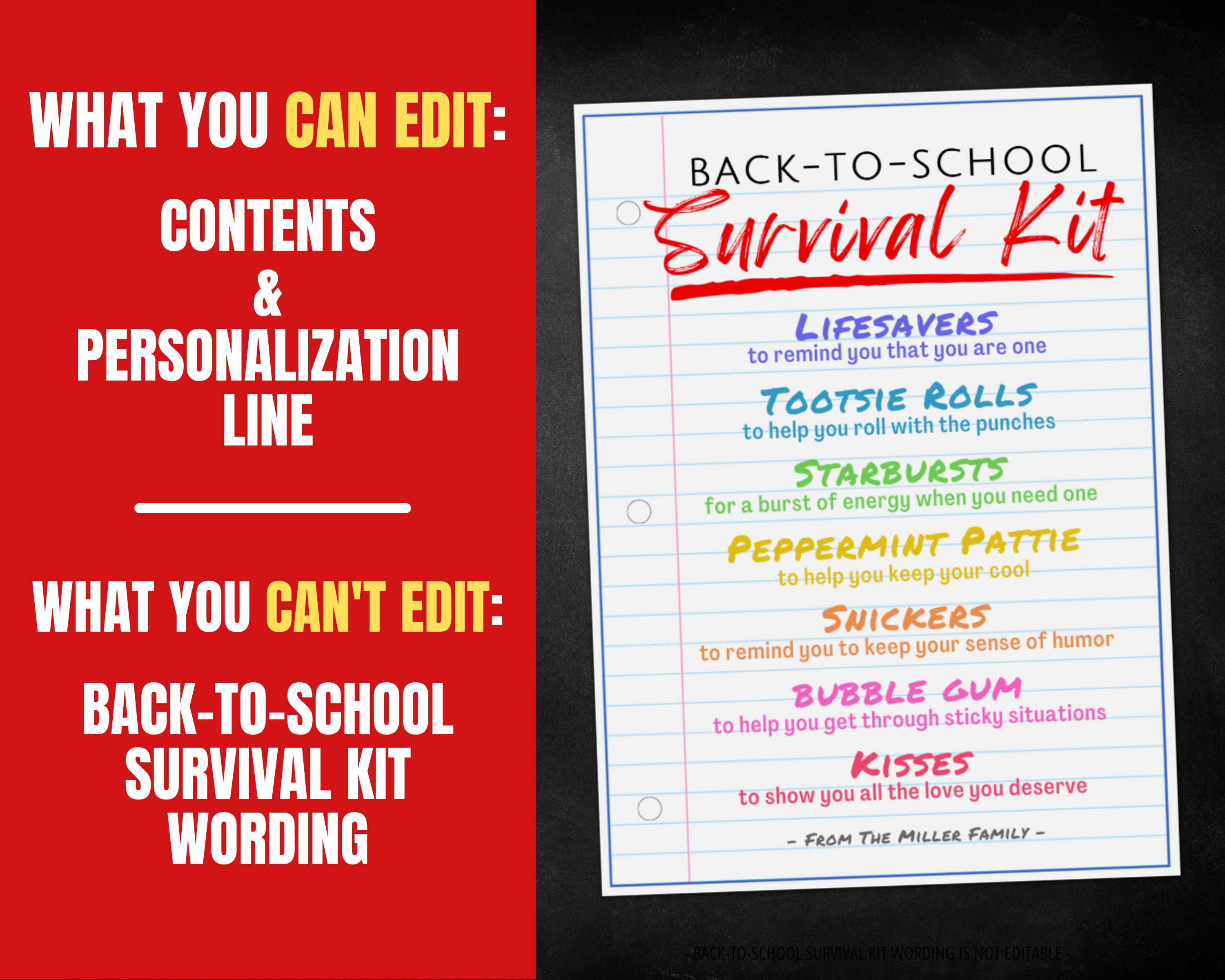 EDITABLE Back to School Survival Kit Treat Bag Tag, Teacher & Staff ...