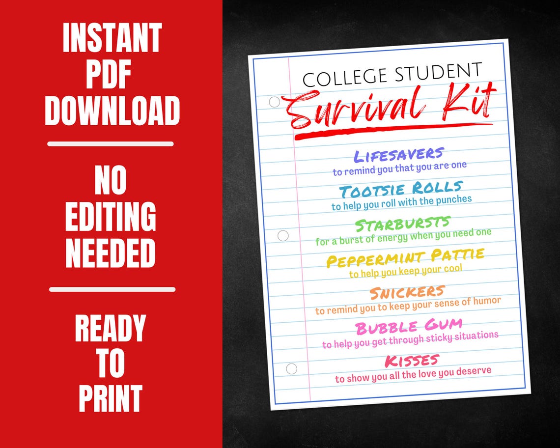 College Student Survival Kit Gift Tags, University Care Package for Son ...