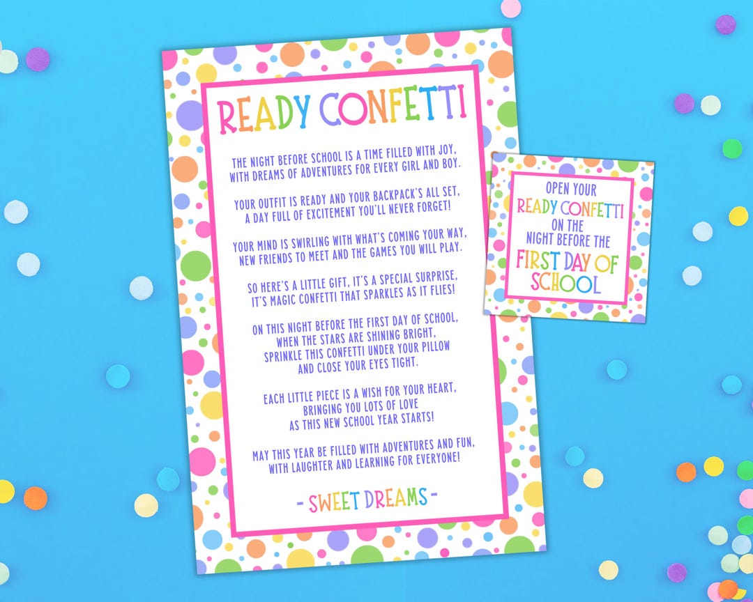 Ready Confetti Poem Gift Tags, Night Before First Day of School, Back ...