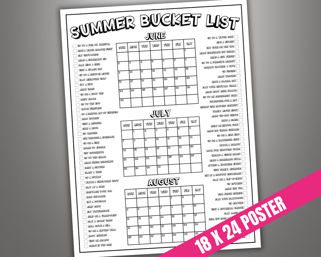 2024 Summer Bucket List Printable Calendar Poster, Kids Countdown of ...