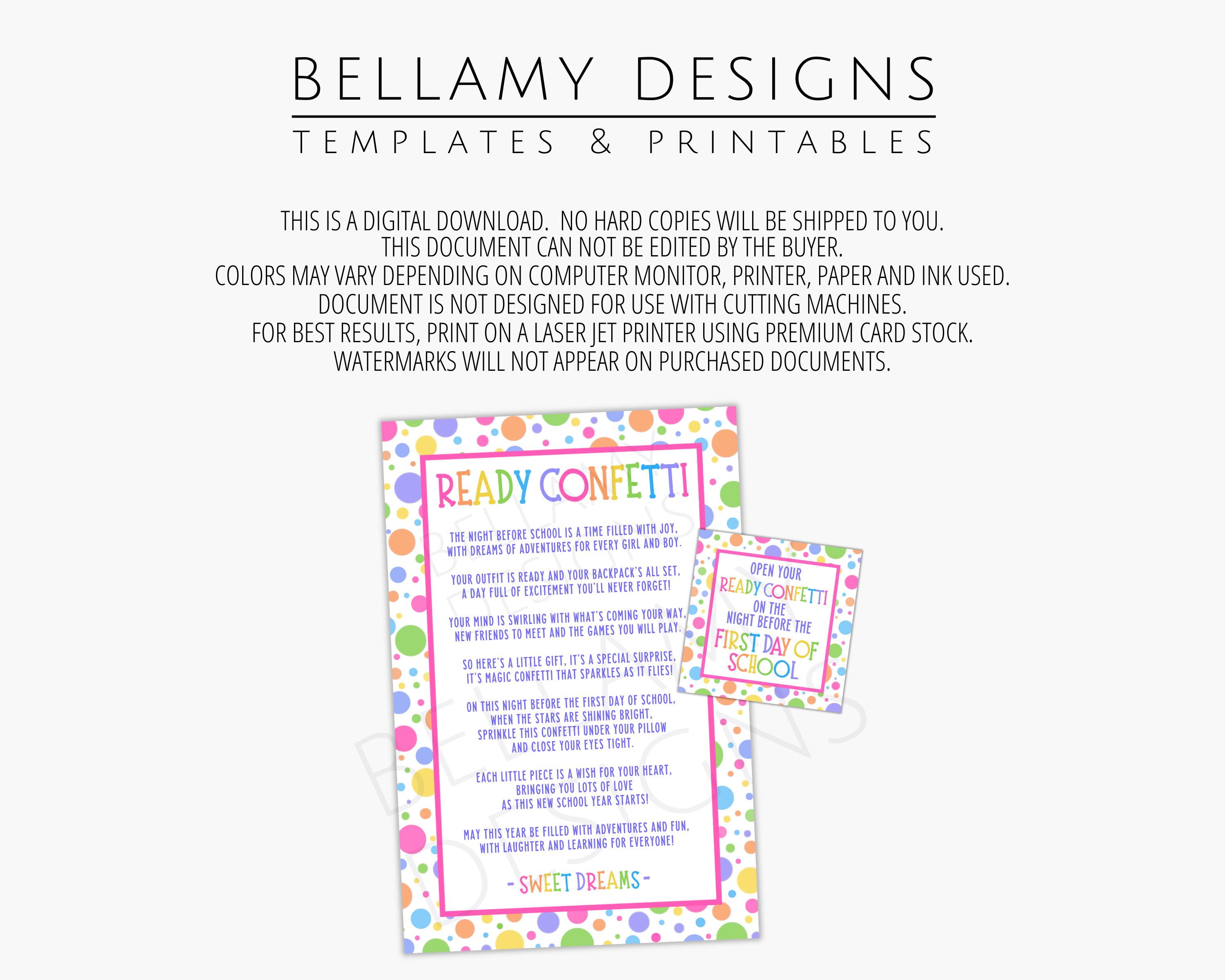 Ready Confetti Poem Gift Tags, Night Before First Day of School, Back ...