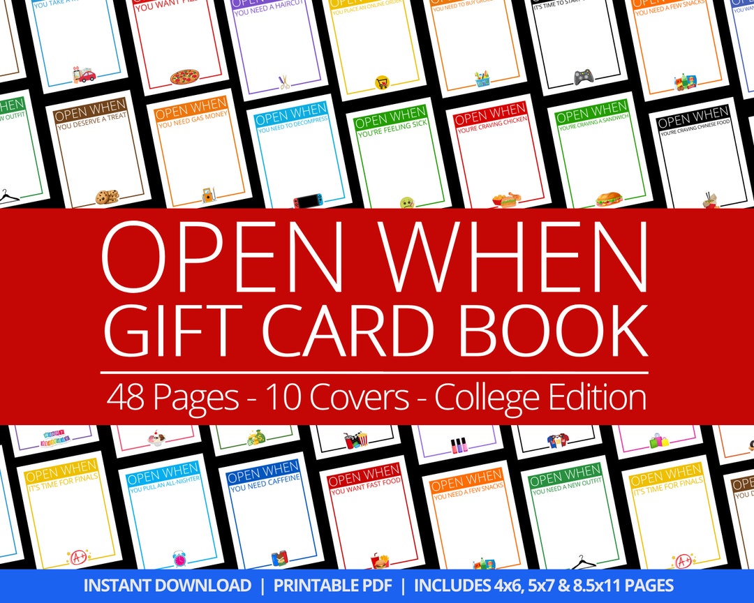 PRINTABLE Open When Gift Card Book, College Care Package Survival Kit ...