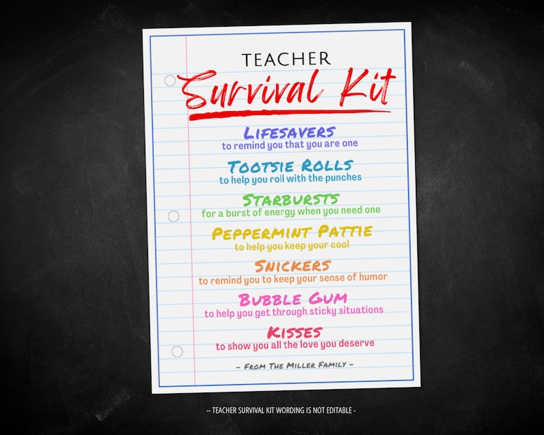 EDITABLE Teacher Survival Kit Tag, Teacher Appreciation, Staff ...