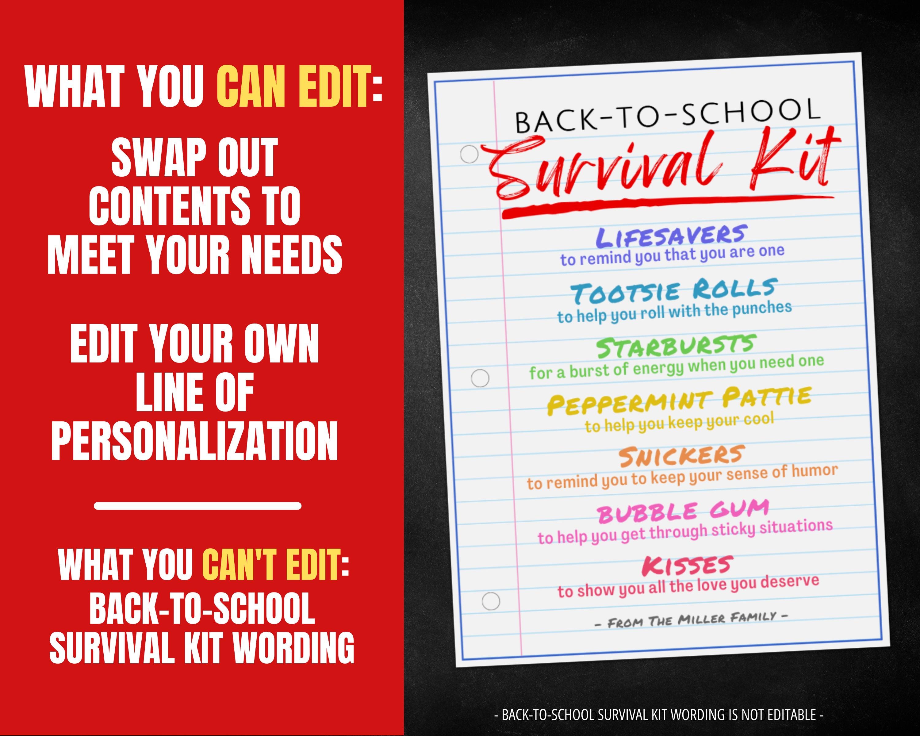 EDITABLE Back to School Survival Kit Treat Bag Tag, Teacher & Staff ...