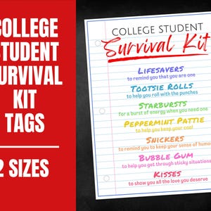 College Student Survival Kit Gift Tags, University Care Package for Son ...