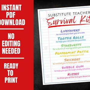Substitute Teacher Survival Kit Gift Tags, Teacher Appreciation and ...