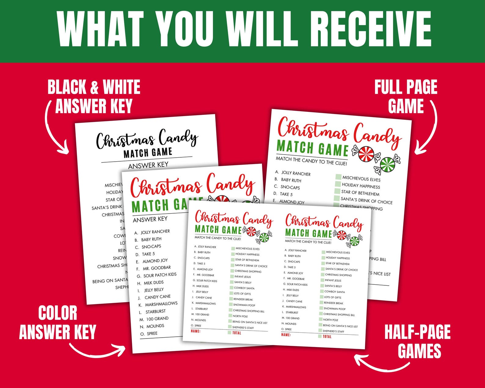 Christmas Candy Match Game Printable, Xmas Candy Trivia Quiz, Sweet ...