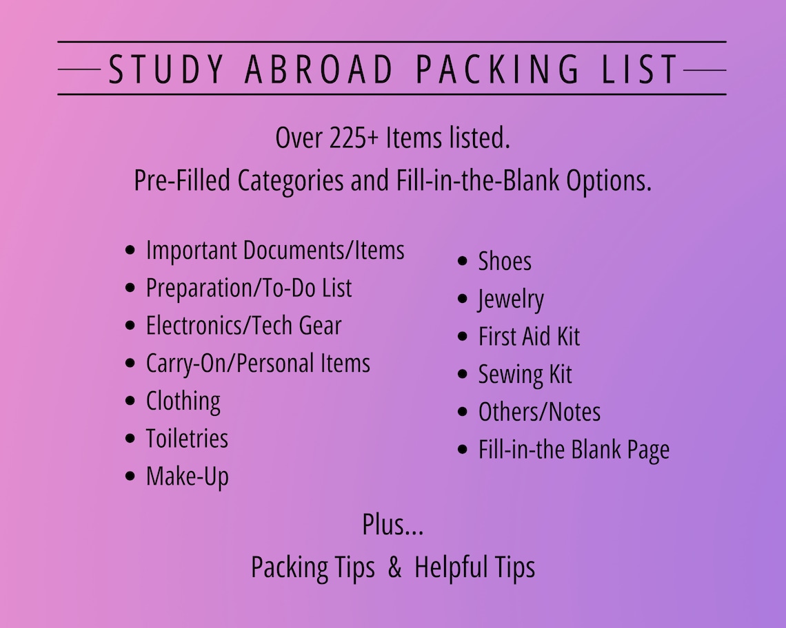 Study Abroad Packing List Packing List Planner Packing - Etsy
