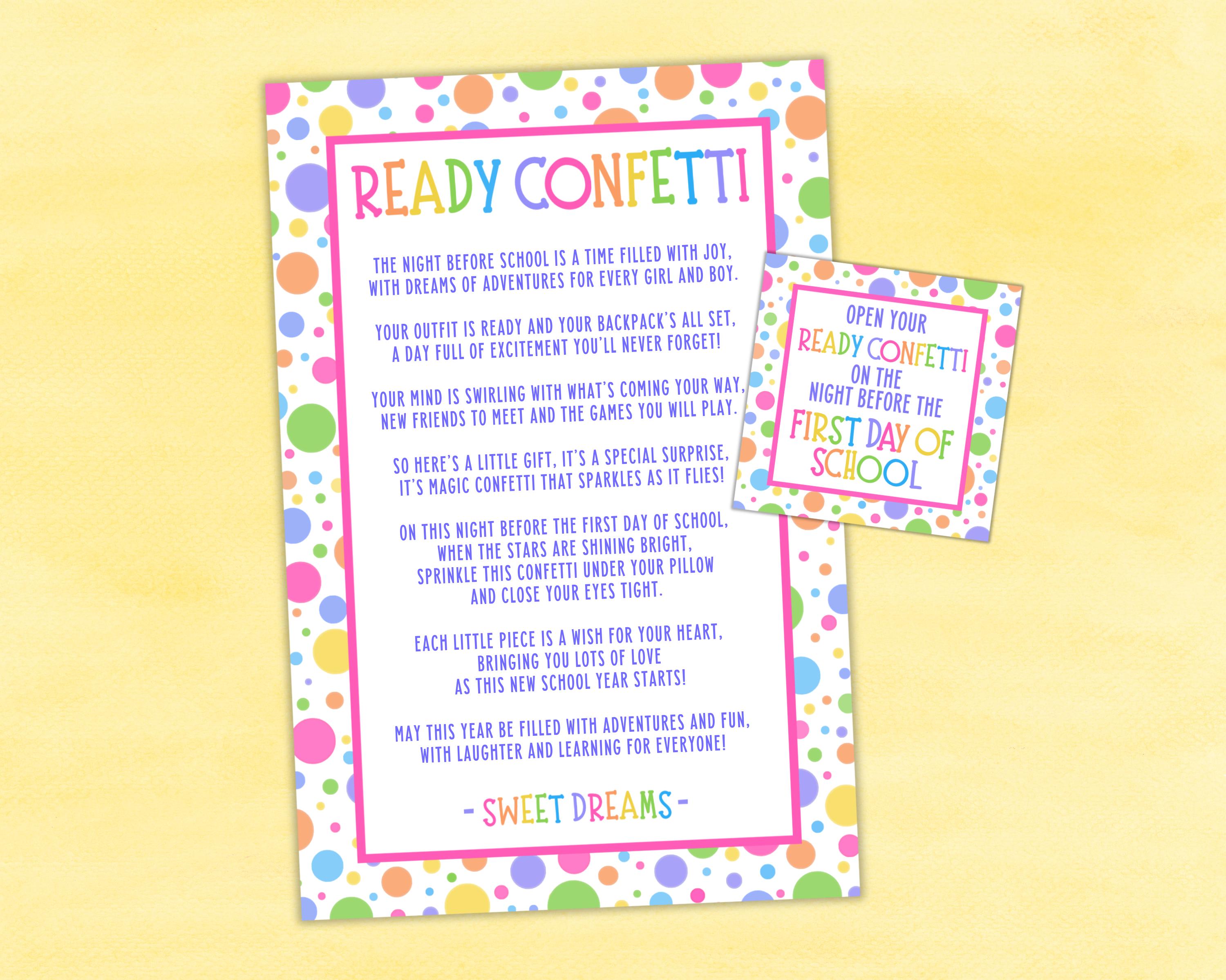 Ready Confetti Poem Gift Tags, Night Before First Day of School, Back ...
