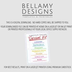 Substitute Teacher Survival Kit Gift Tags, Teacher Appreciation and ...