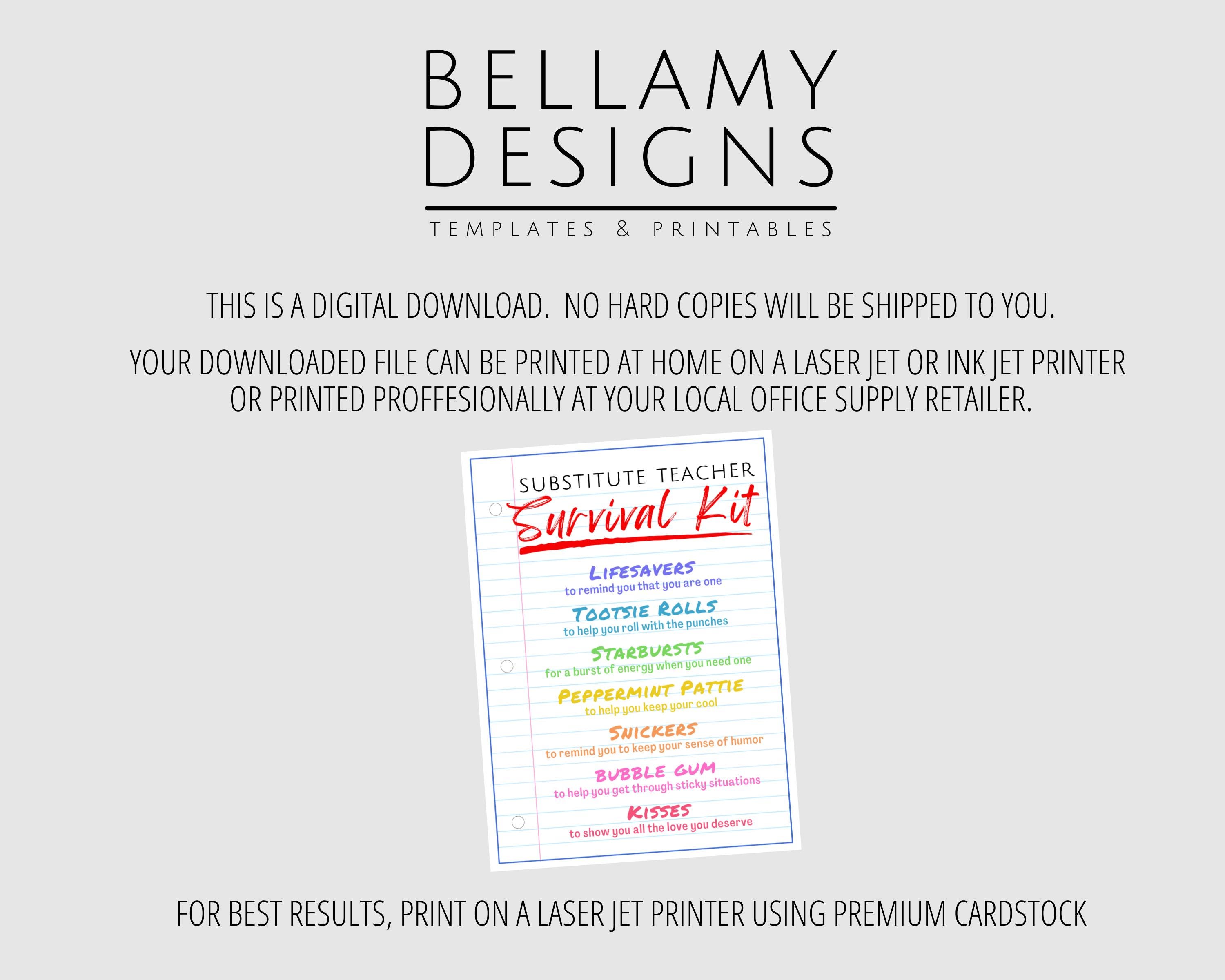 Substitute Teacher Survival Kit Gift Tags, Teacher Appreciation and ...