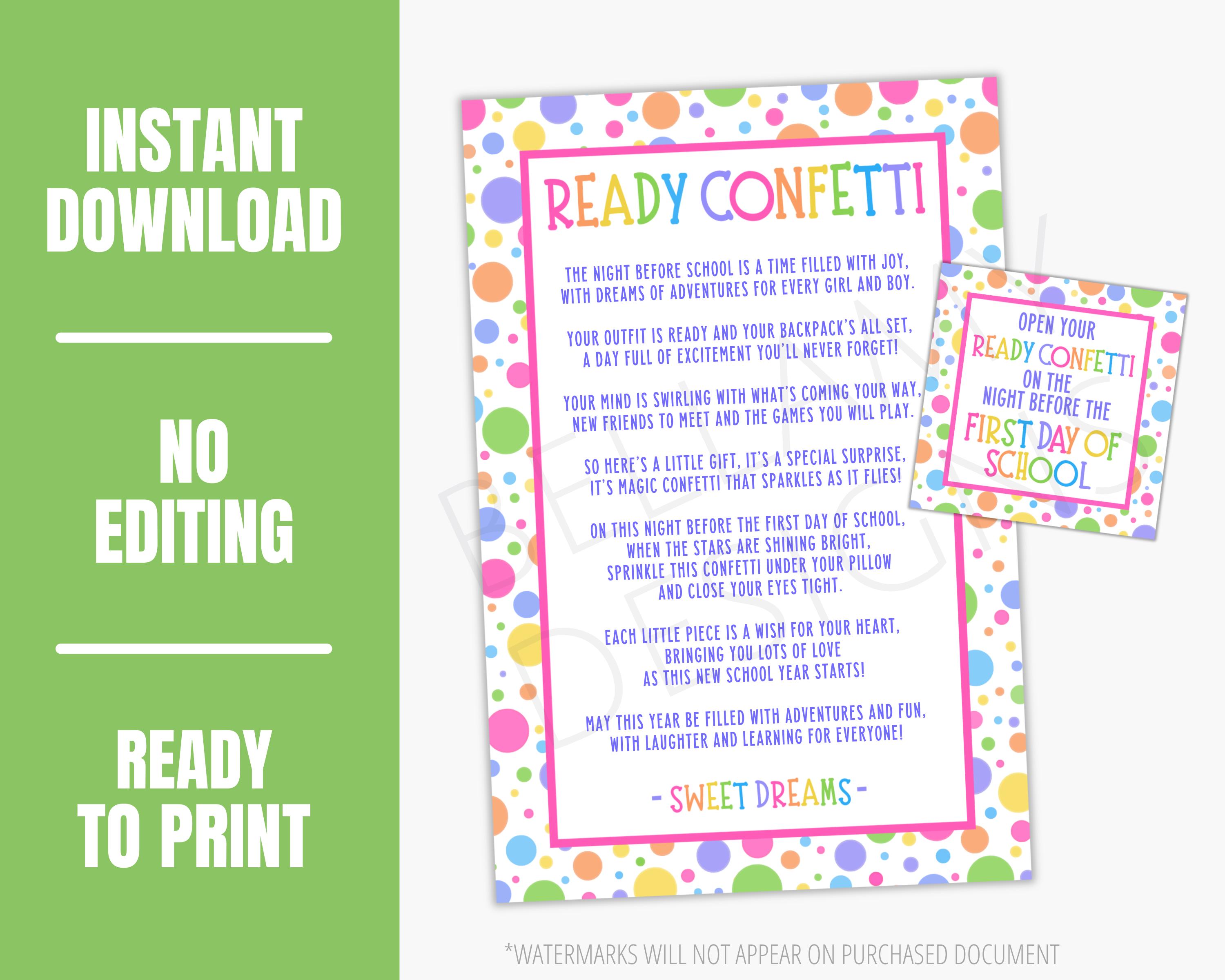 Ready Confetti Poem Gift Tags, Night Before First Day of School, Back ...