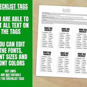 Editable Dance Bag Tag Insert, Custom Dance Equipment Gear Checklist ...