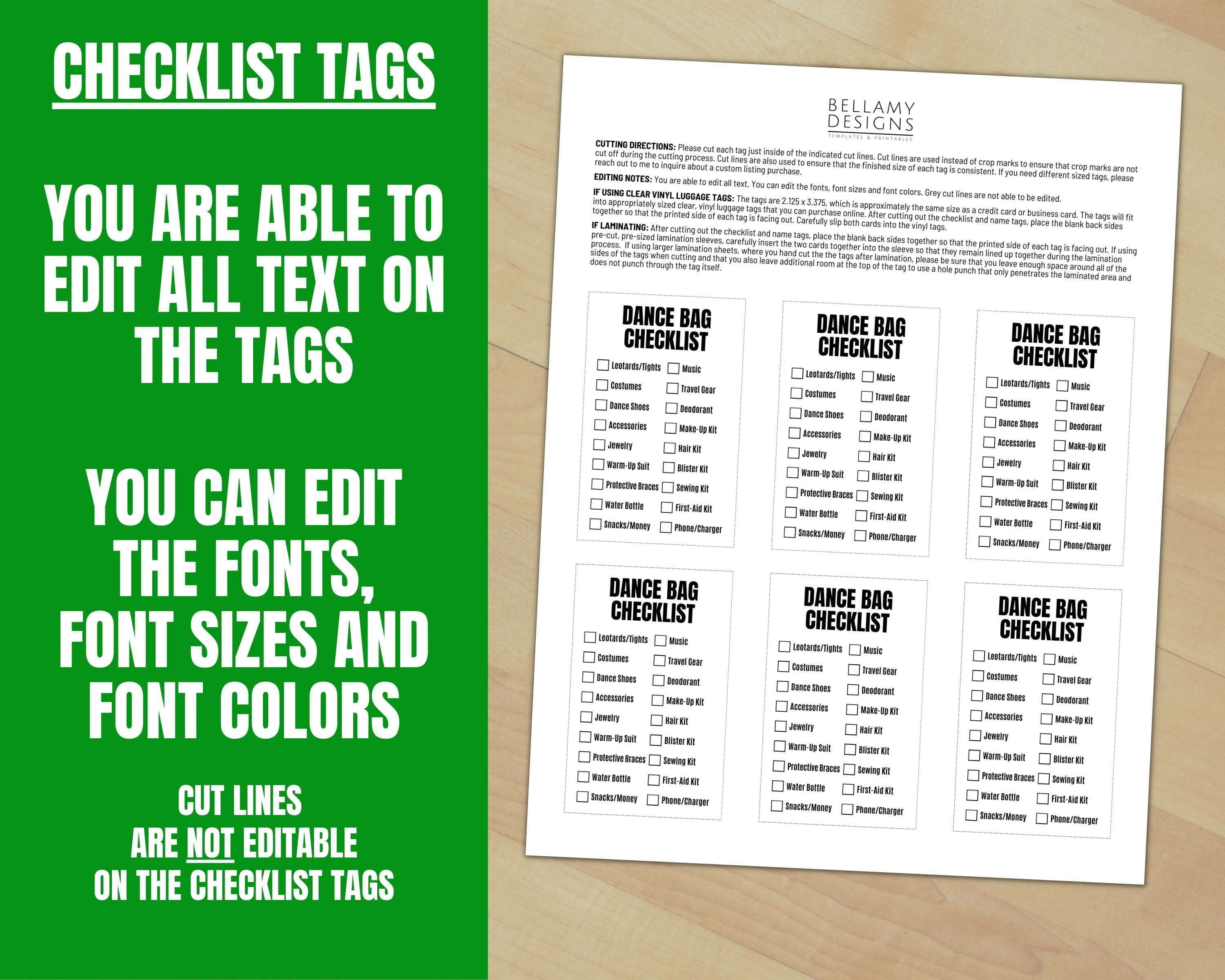 Editable Dance Bag Tag Insert, Custom Dance Equipment Gear Checklist ...