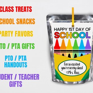 Happy 1st Day of School Juice Pouch Labels Wrappers, Back to School ...