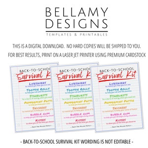 EDITABLE Back to School Survival Kit Gift Tag, Teacher Appreciation ...