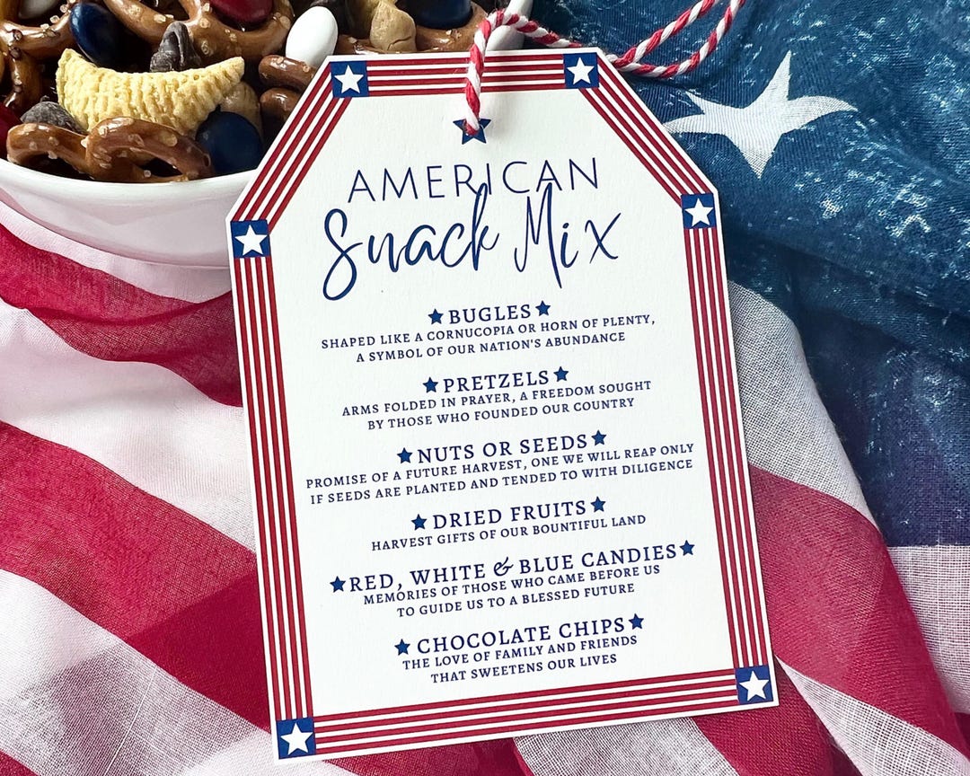 American Snack Mix Tags, Printable Red White & Blue Gift or Favor Cards ...