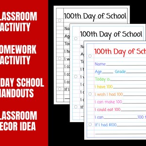 100th Day of School Worksheet Activity, Student Writing Activity ...