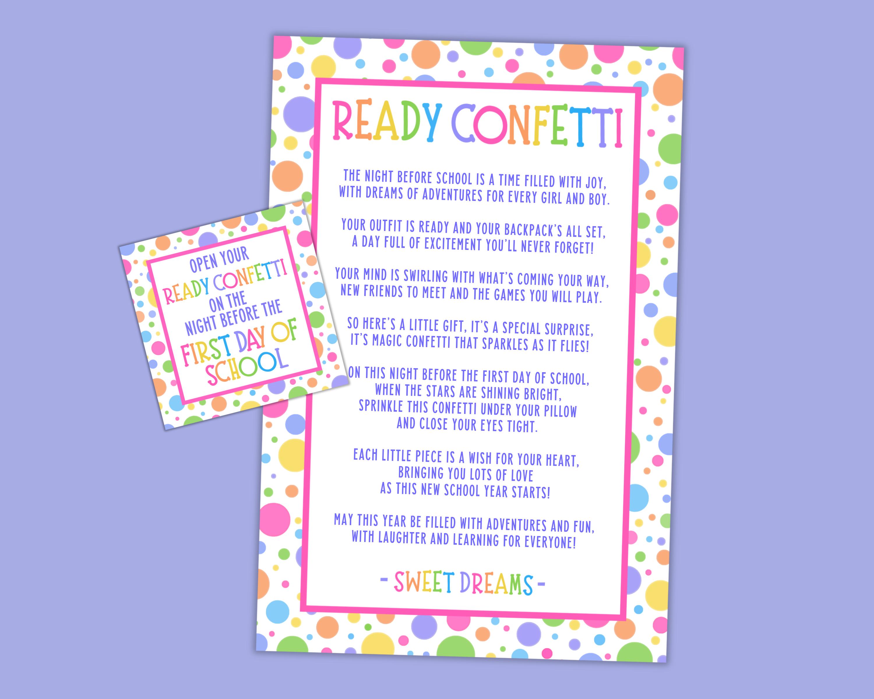 Ready Confetti Poem Gift Tags, Night Before First Day of School, Back ...