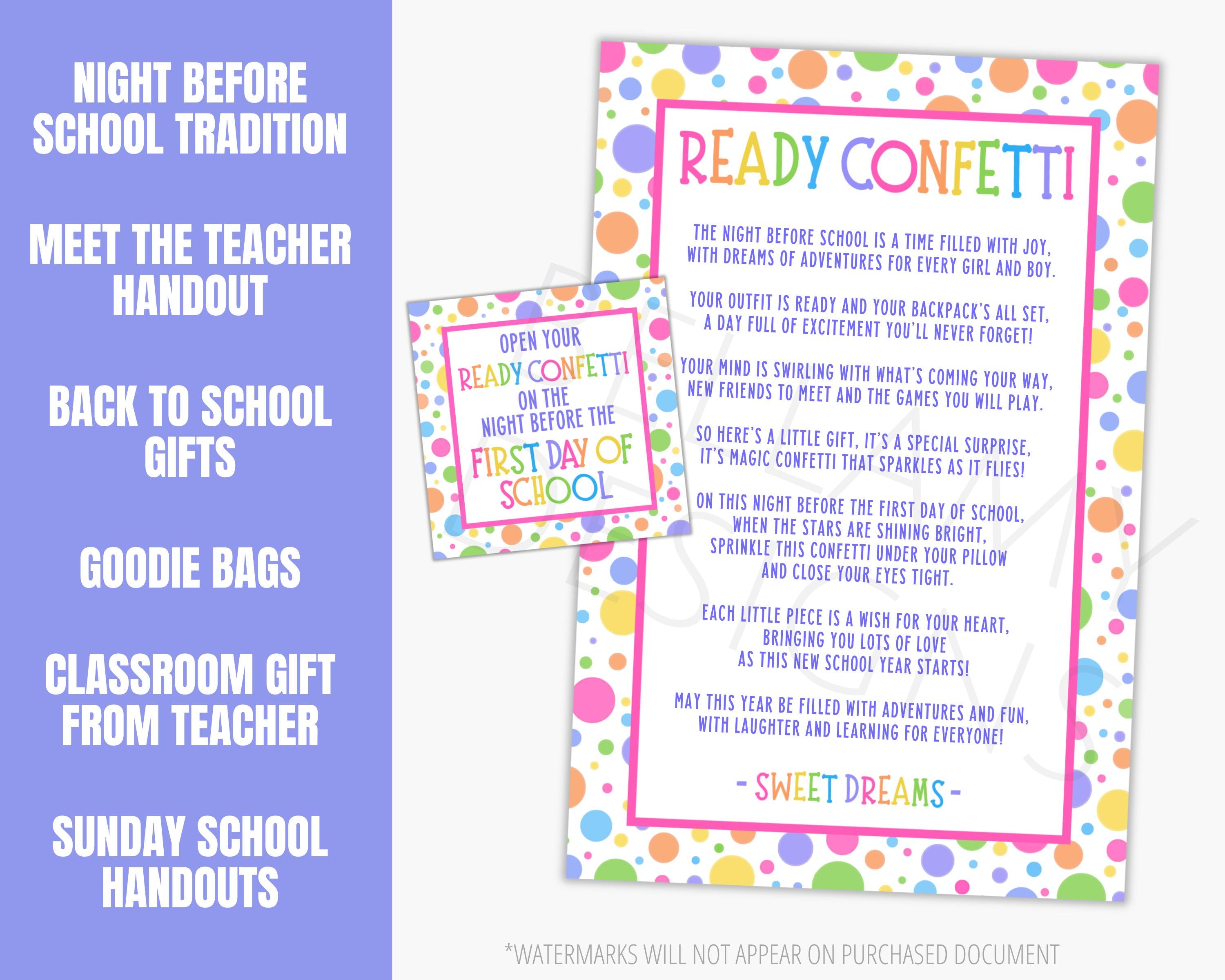 Ready Confetti Poem Gift Tags, Night Before First Day of School, Back ...