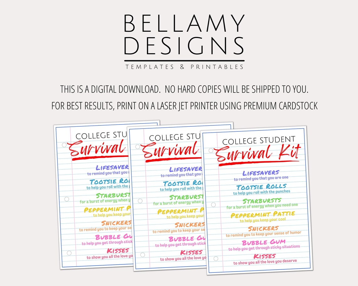 College Student Survival Kit Gift Tags, University Care Package for Son ...