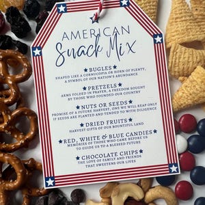 American Snack Mix Tags, Printable Red White & Blue Gift or Favor Cards ...