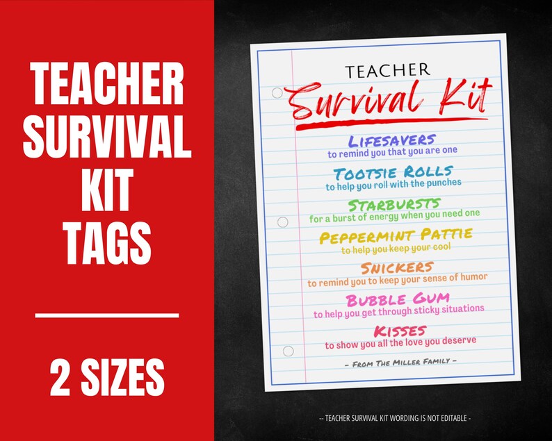 EDITABLE Teacher Survival Kit Tag, Teacher Appreciation, Staff ...