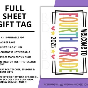 Welcome to Fourth Grade Gift Tag, Back to School Treat First Day of ...