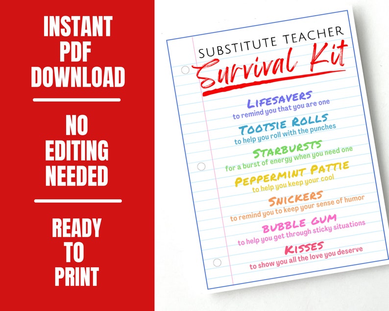Substitute Teacher Survival Kit Gift Tags Teacher - Etsy
